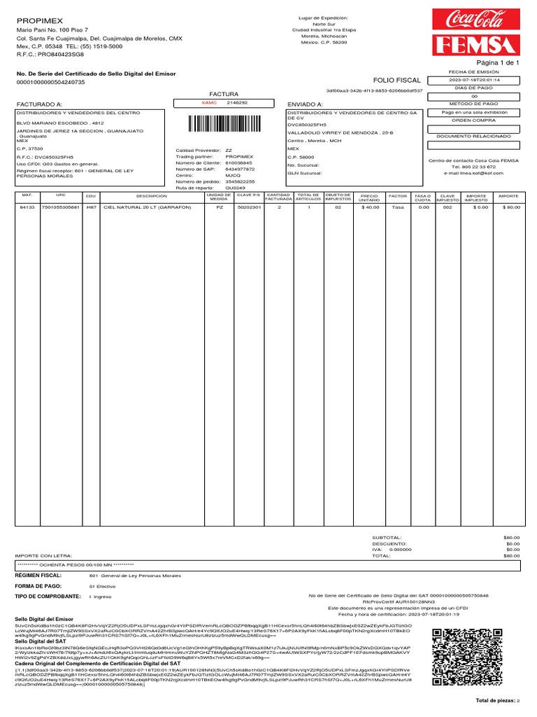 Factura Propimex - 20 LT Ciel Natural | PDF | Servicios (economía ...