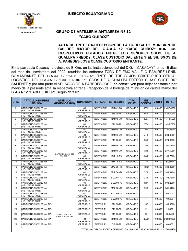 ACTA ENTREGA RECEPCION GAA12 (1) - Signed-Signed | PDF | Calibre | Munición