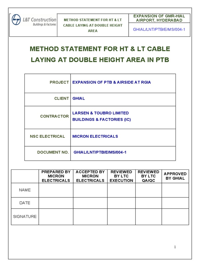 HT & LT Cable Laying Method Statement | PDF | Safety | Scaffolding