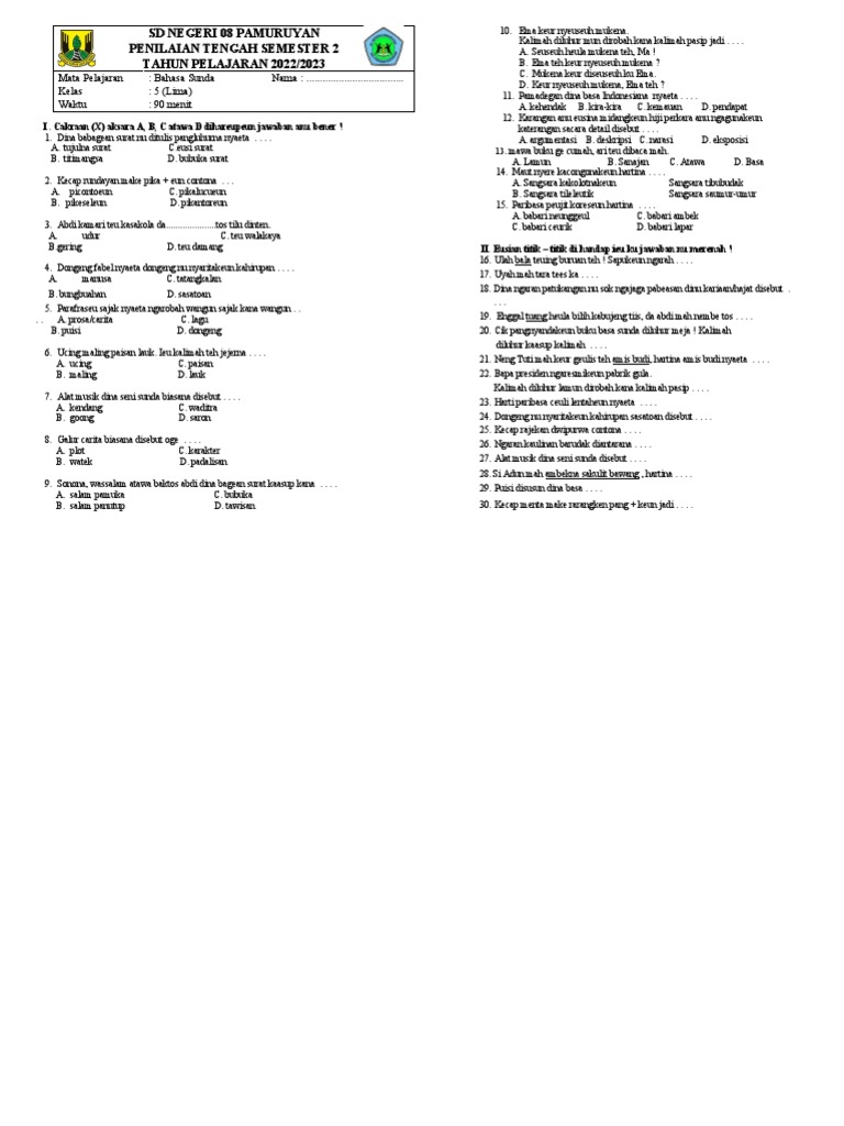 Soal PTS Kelas 5 Bahasa Sunda | PDF