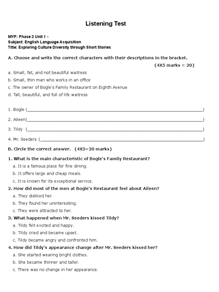 MYP 3 - Test Listening - Story | PDF | Restaurants