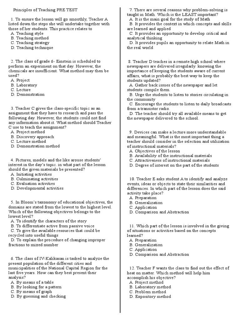 Principles of Teaching PRE TEST | PDF | Learning | Teachers