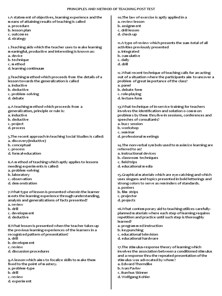 Principles and Method of Teaching Post Test | PDF | Learning | Teaching ...