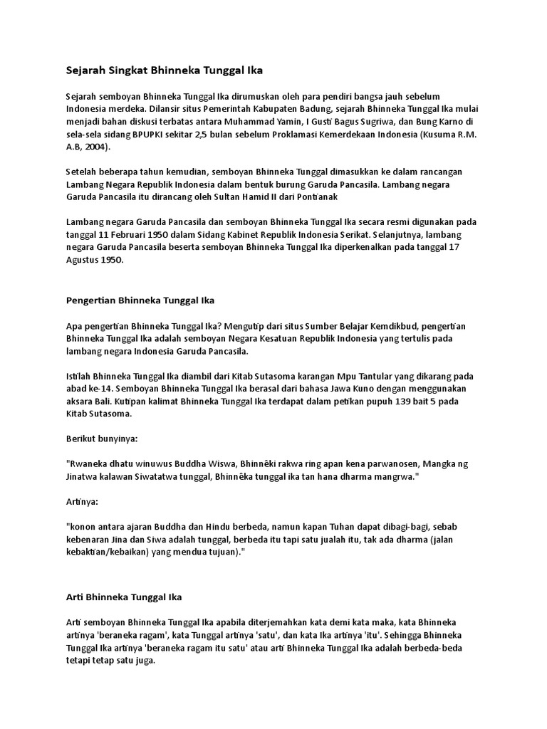 Sejarah Singkat & Implementasi Bhinneka Tunggal Ika | PDF