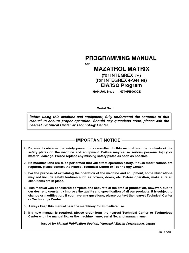 Programming Manual - EIA ISO Program H740PB0032E | PDF | Machining ...