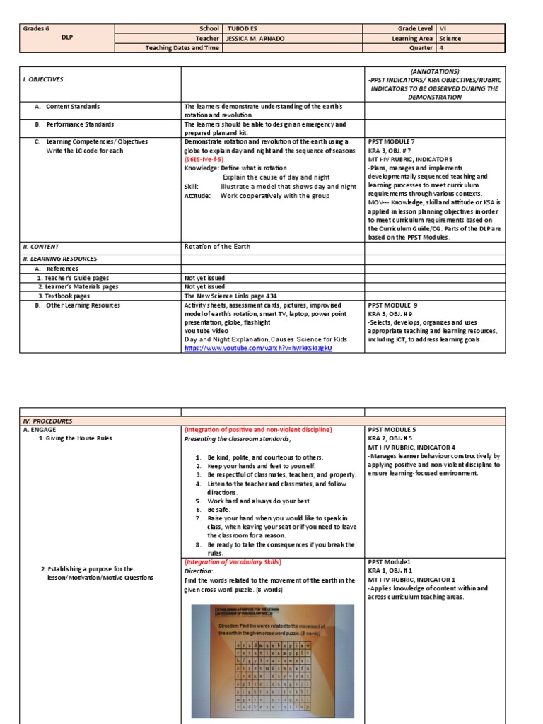 COT - DLP - SCIENCE 6 - EARTH'S ROTATION - q4 | PDF | Rubric (Academic) | Learning