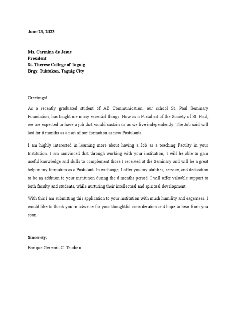 Teodoro Application-Letter | PDF | Wellness