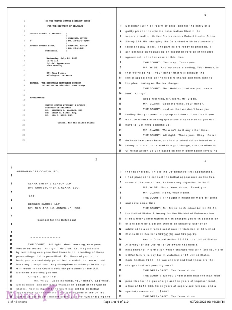 Transcript of Hunter Biden Plea Agreement Hearing 7/26/23 | PDF