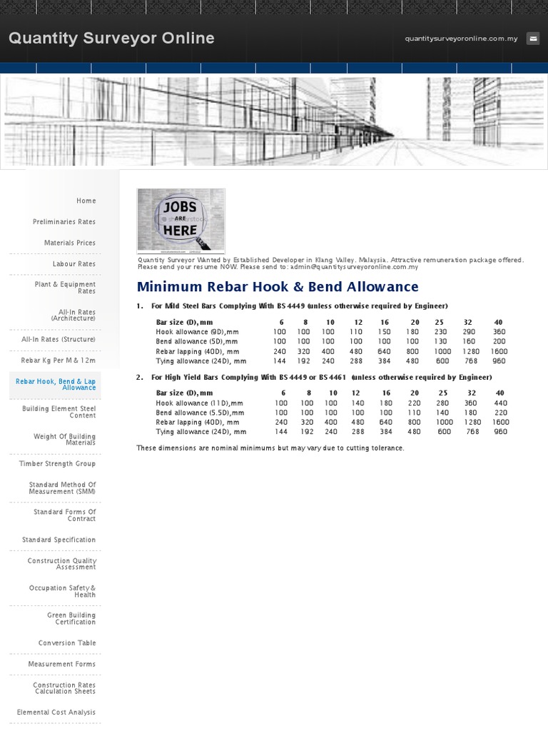 Rebar Hook Bend Lap Allowance Quantity Surveyor Online Pdf