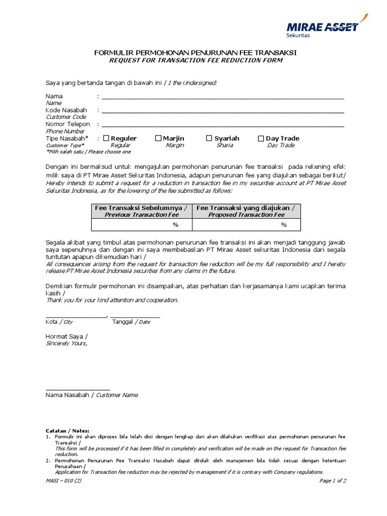 (MASI-010 (2) ) Formulir Permohonan Penurunan Fee Transaksi | PDF