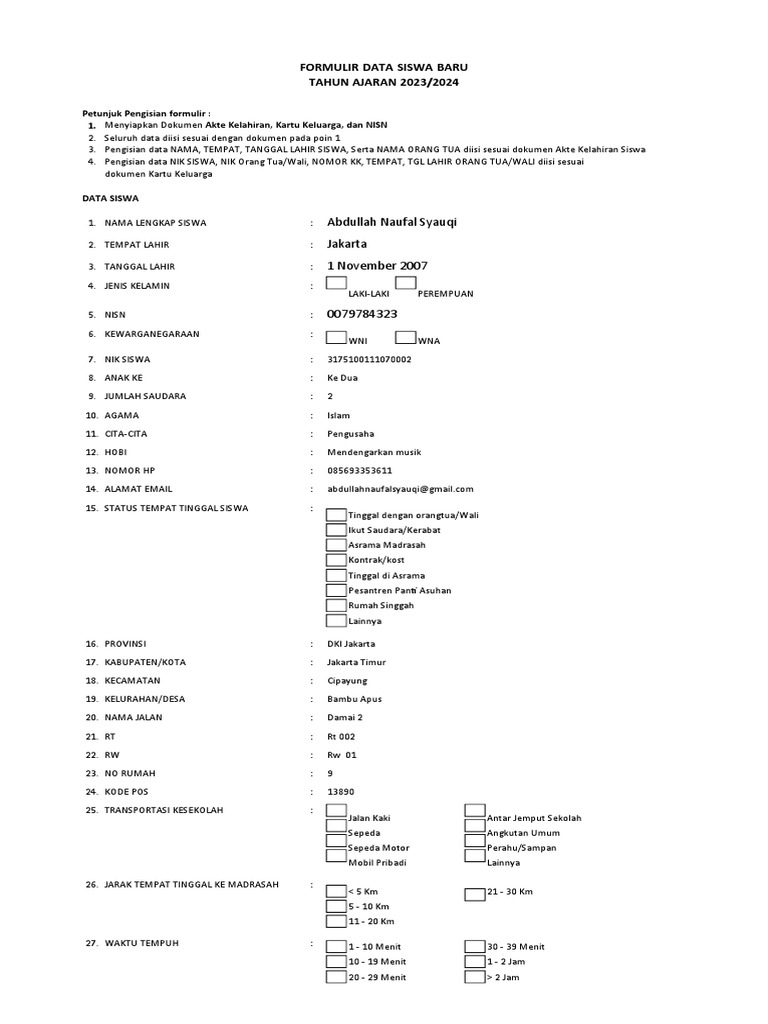 Formulir Data Siswa Baru | PDF