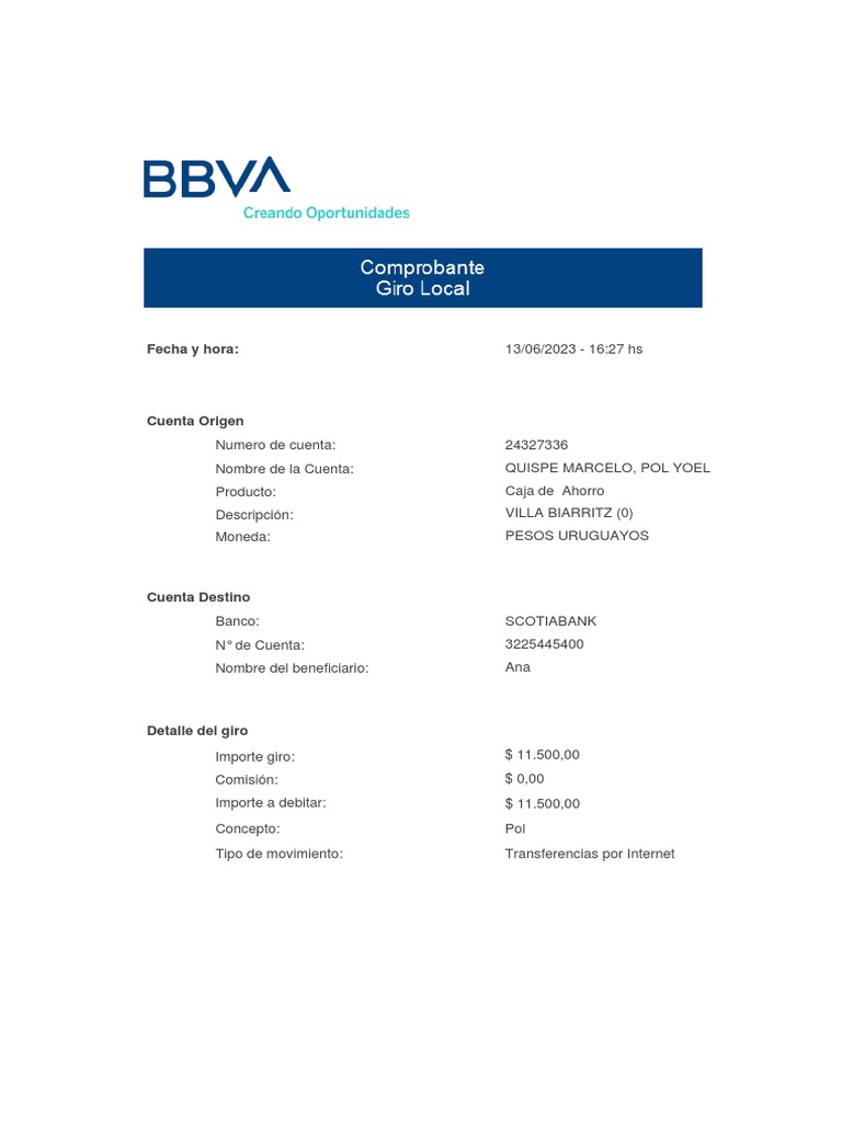 Comprobante Transferencia BBVA | PDF