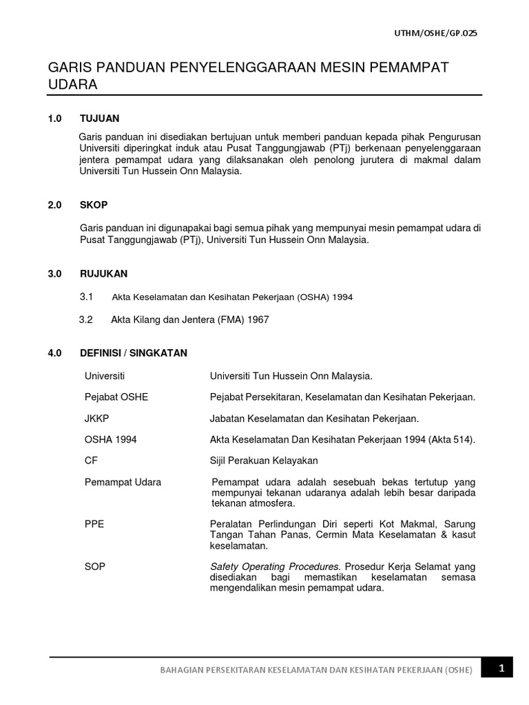 Garis Panduan Penyelenggaraan Mesin Pemampat Udara: 1.0 Tujuan | PDF