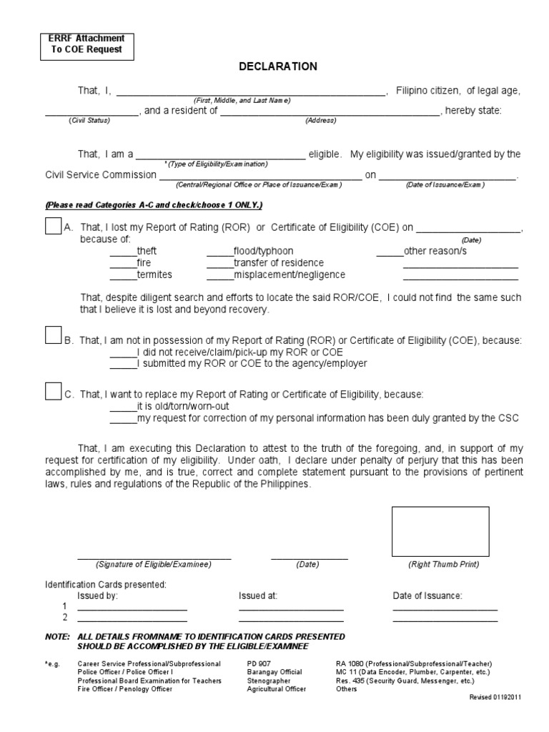 CSC Declaration Form for Eligibility Replacement | PDF | Case Study ...