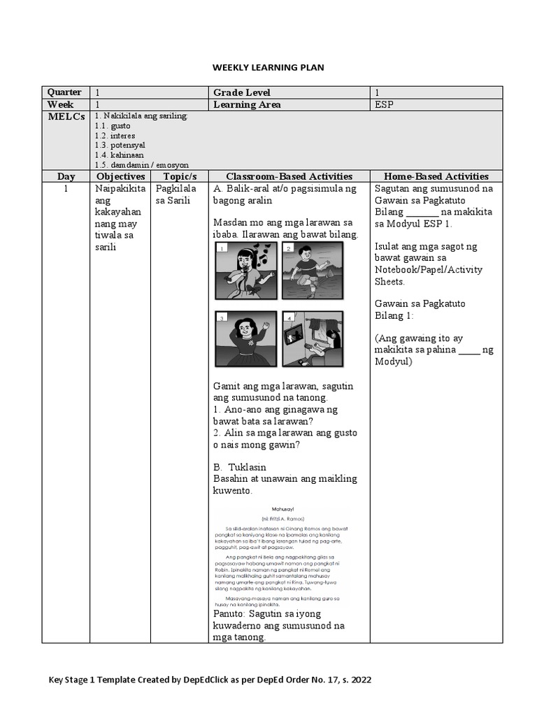 Weekly Learning Plan Grade Level Week Learning Area Melcs: Quarter | PDF