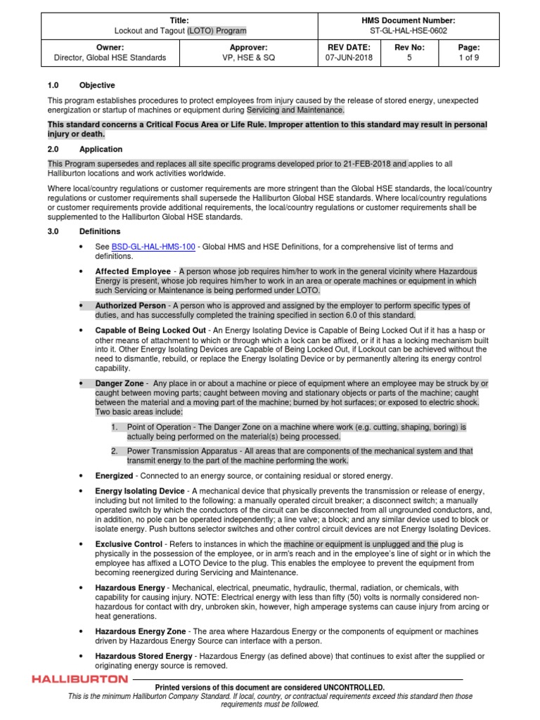 ST-GL-HAL-HSE-0602 - LOTO - Program | PDF | Safety