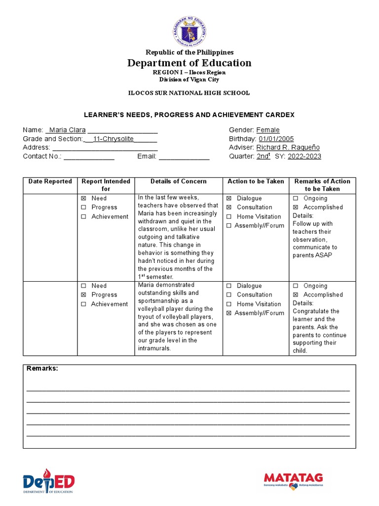 Learner's Needs, Progress and Achievement Cardex-Depedtambayan-2 | PDF | Human Communication ...