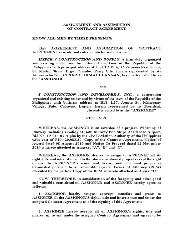 ASSIGNMENT AND ASSUMPTION of CONTRACT AGREEMENT | PDF | Assignment (Law ...