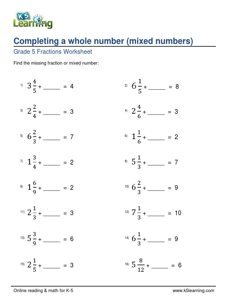 Grade 5 Mixed Numbers Worksheet | PDF | Notation | Encodings