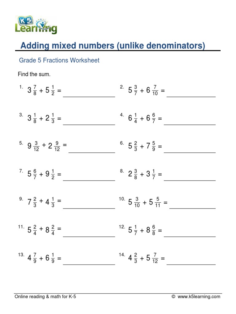 Adding Mixed Numbers: Grade 5 Worksheet | PDF | Lexicology | Signal ...