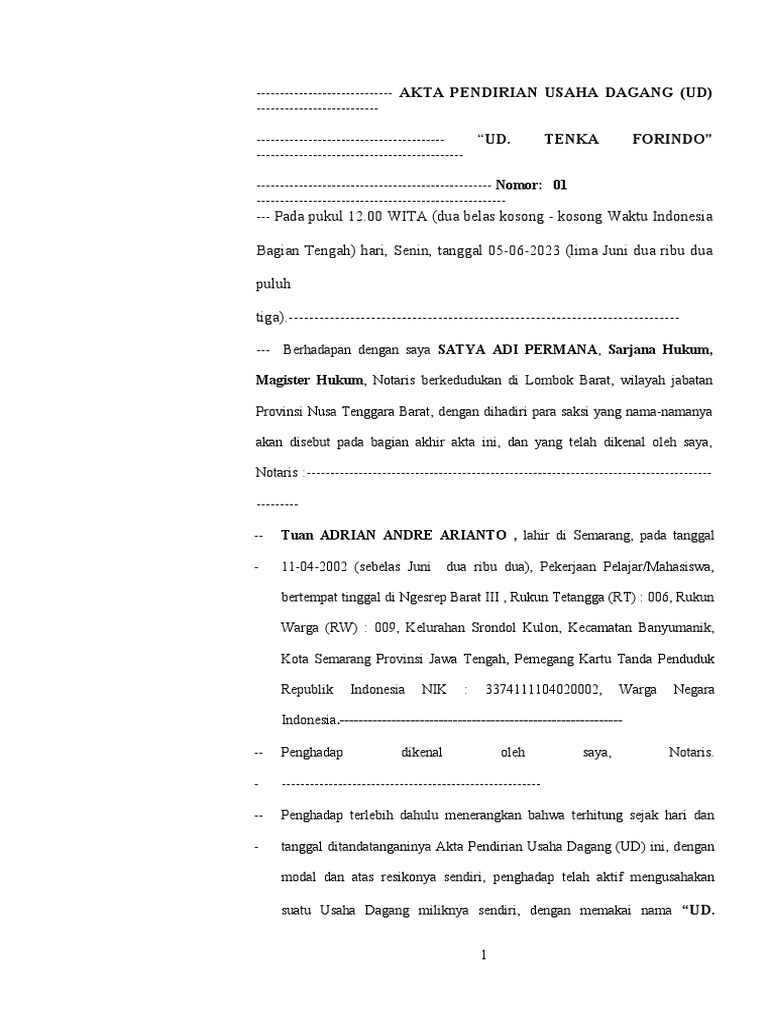 Akta Pendirian Usaha Dagang UD Tenka Forindo | PDF