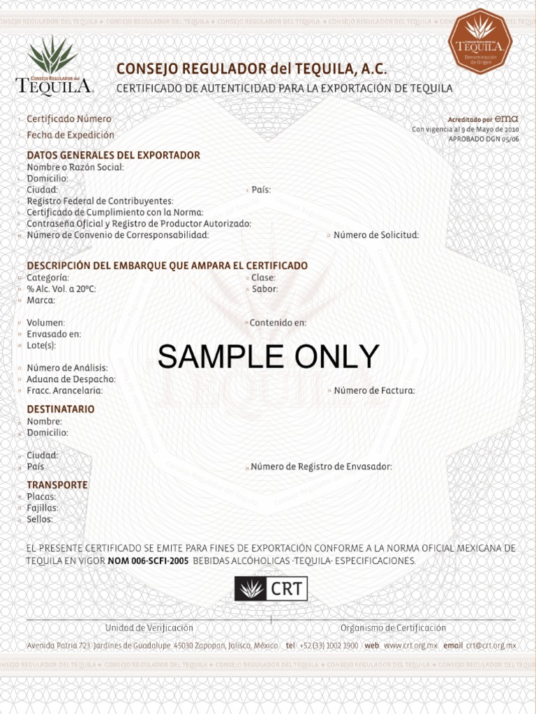 Certificado Consejo Regulador de Tequila | PDF