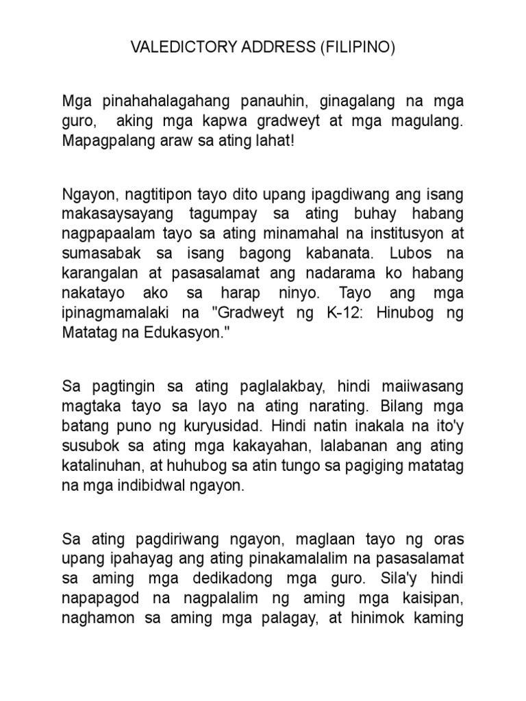 Valedictory Address Filipino | PDF Valedictory Address Filipino | PDF