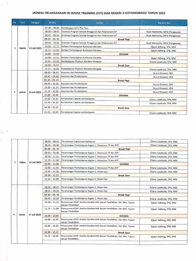 Jadwal Iht Sman 3 KTG Tahun 2023 | PDF
