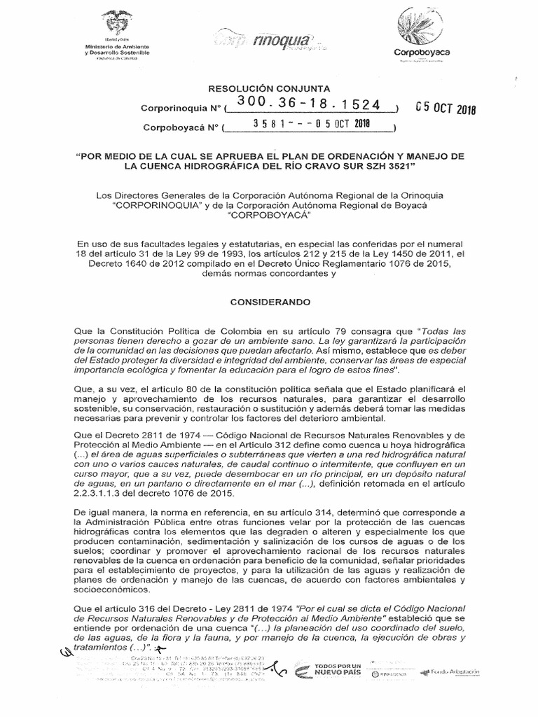Resolucion Adopcion Pomca Cravo Sur | PDF | Sustentabilidad | Entorno ...