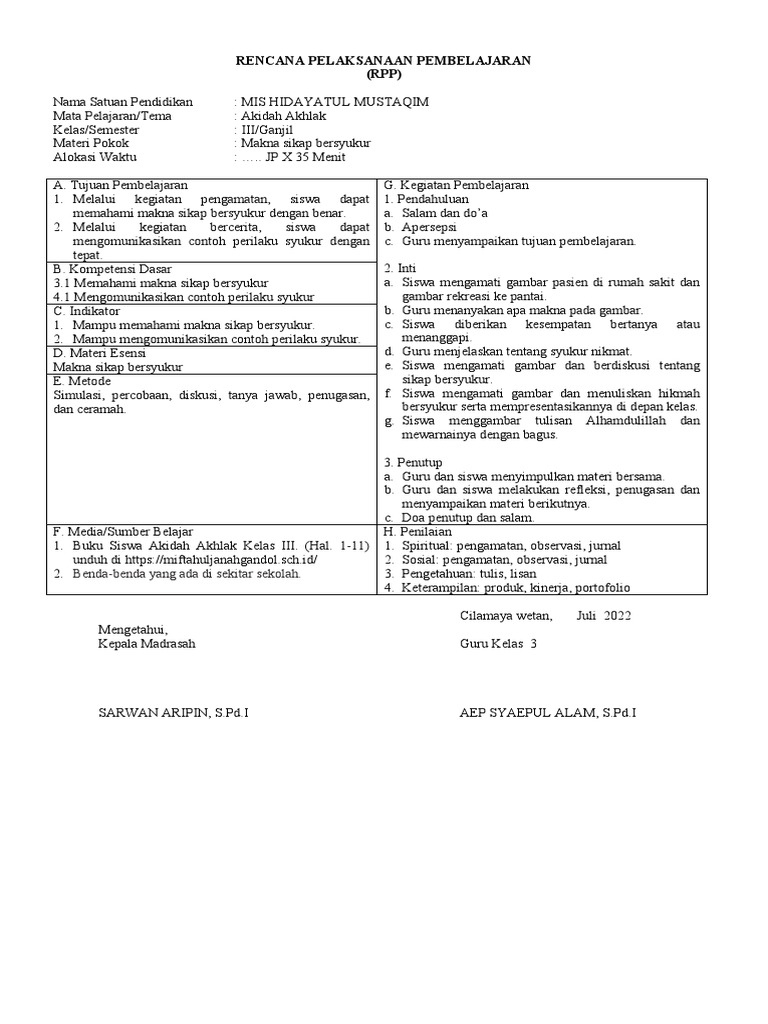 RPP Akidah Akhlak KLS 3 | PDF