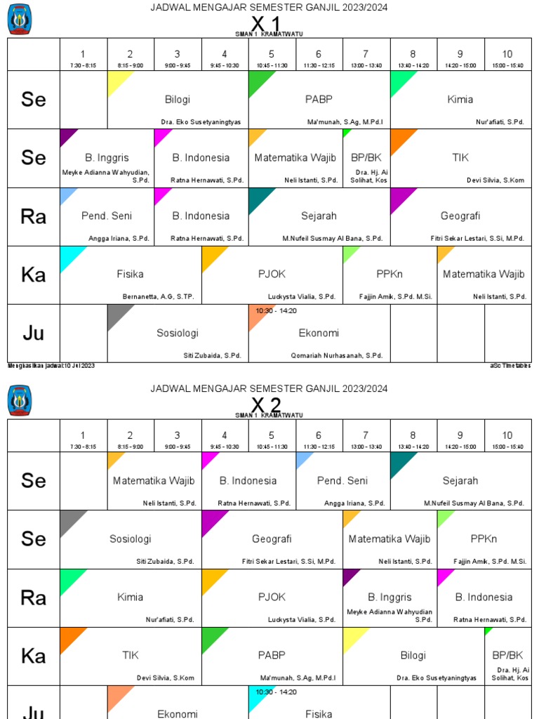 Jadwal Pelajaran Tiap Kelas | PDF