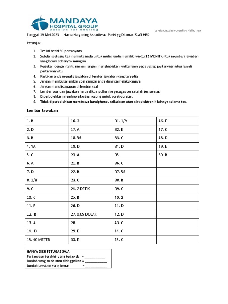 002-Lembar Jawab Cognitive Test | PDF