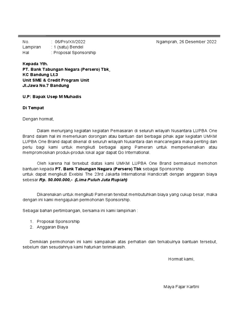 Surat Permohonan Proposal BTN 1 | PDF