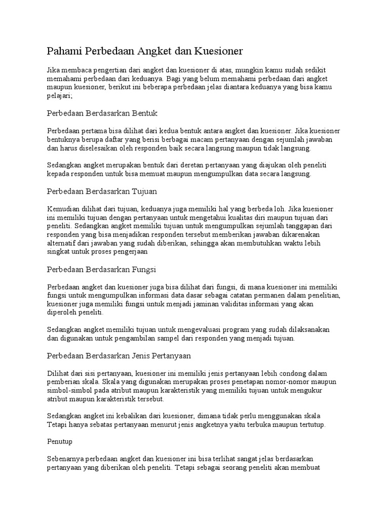 Pahami Perbedaan Angket Dan Kuesioner | PDF | Karier & Perkembangan