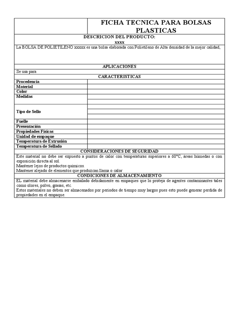 Modelo Ficha Tecnica para Bolsas Plasticas | PDF