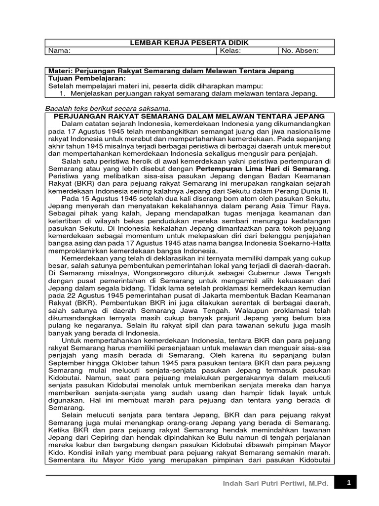 LKPD Perjuangan Rakyat Semarang Dalam Melawan Tentara Jepang | PDF