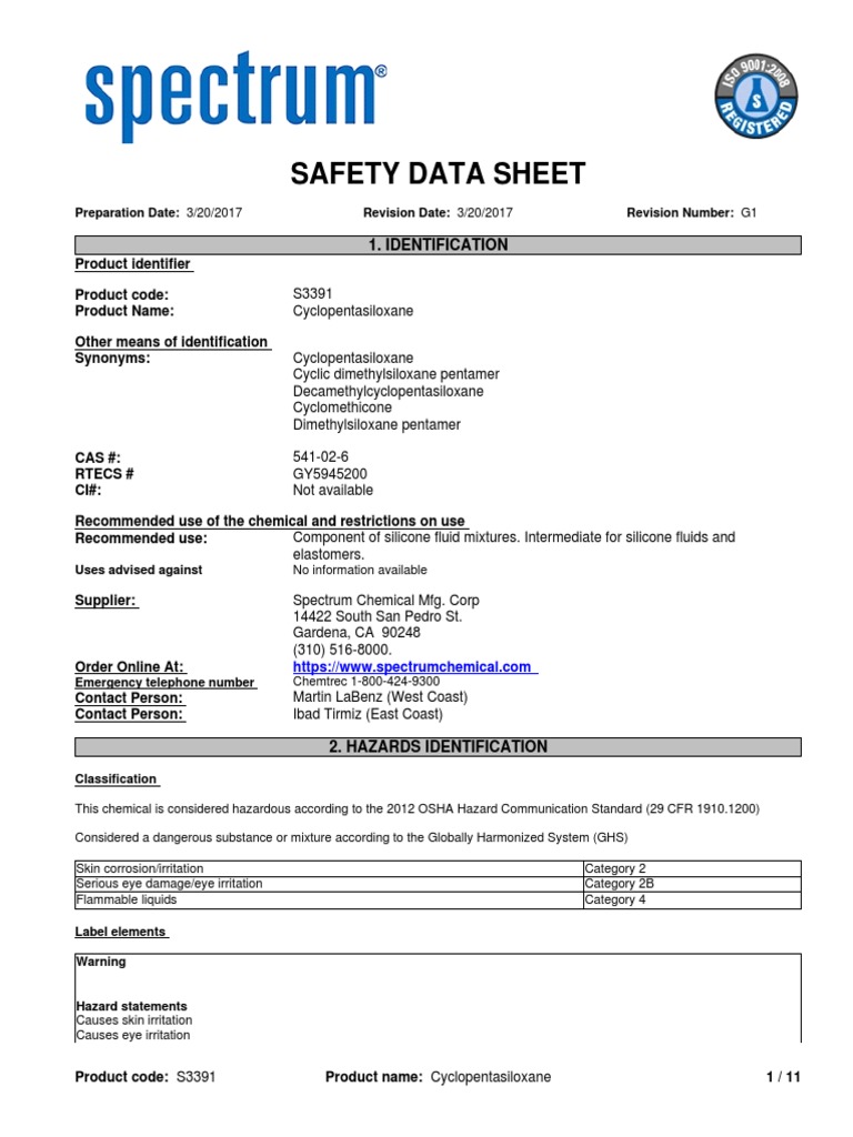 Cyclopentasiloxane Safety Data Sheet | PDF | Firefighting | Personal ...