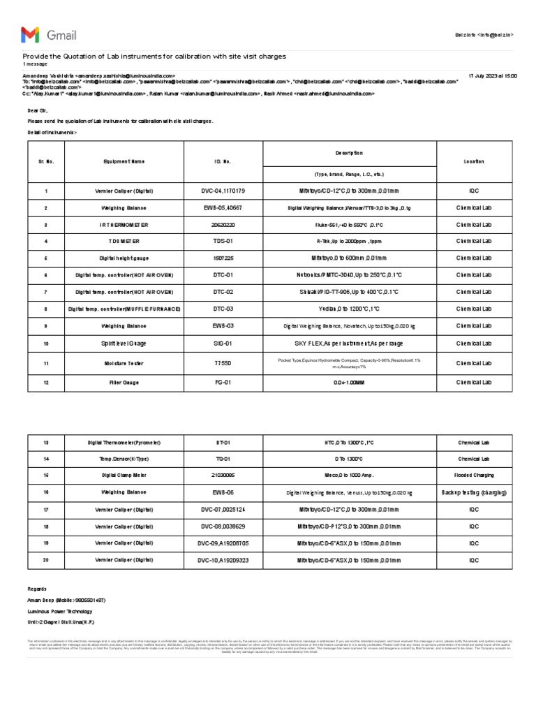 Belz Mail - Provide The Quotation of Lab Instruments For Calibration With Site Visit Charges ...