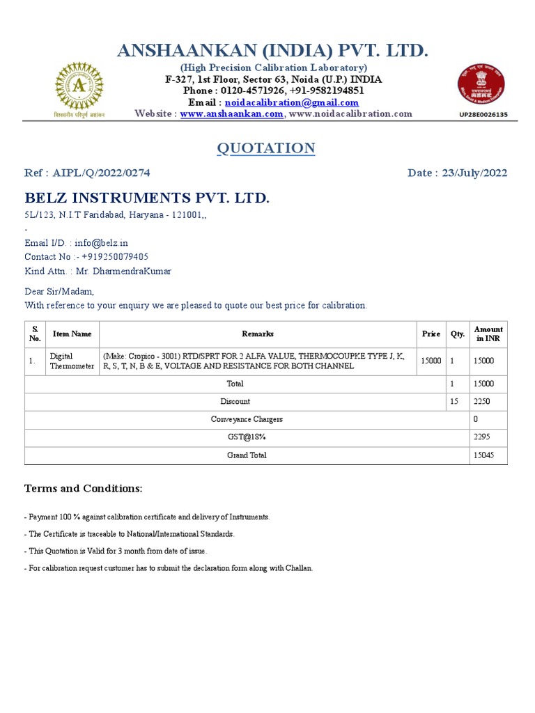 Calibration Quotation for Thermometer | PDF | Calibration | Metrology