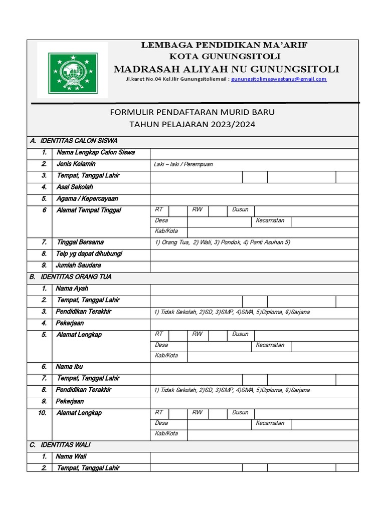 contoh formulir pendaftaran siswa baru PPDB 2022-2023 | PDF