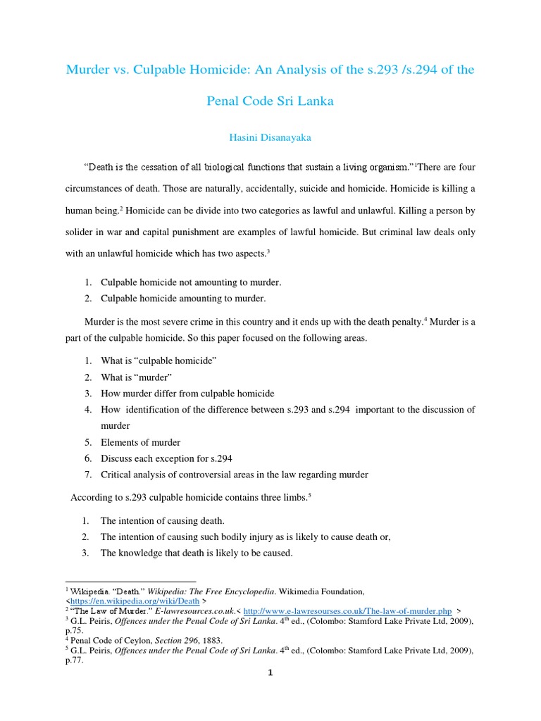 Murder Vs Culpable Homicide An Analysis Pdf Murder Criminal Law