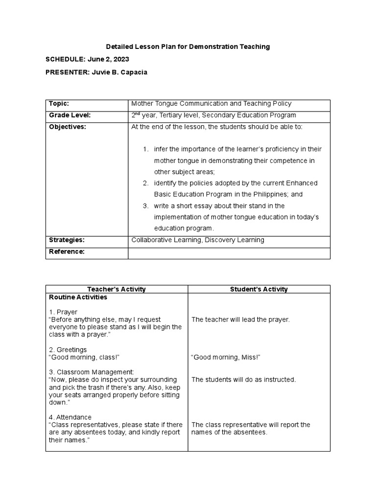 Lesson Plan | PDF | Teachers | Lesson Plan