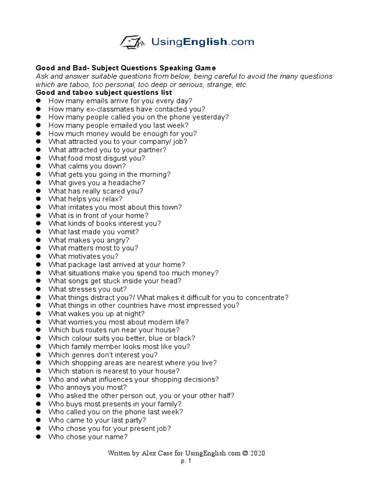 Good and Bad Subject Questions Speaking Game | PDF | Wellness