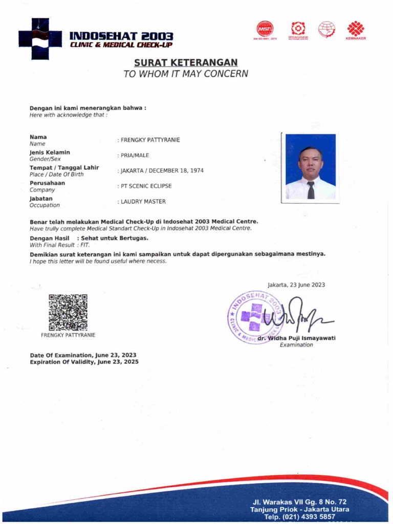 Medical Check Up Frengky and Certificate - 2 | PDF