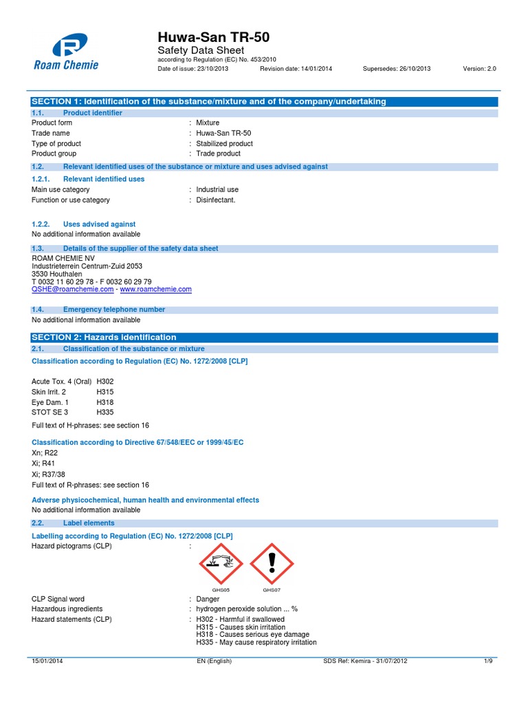 Product Safety Data Sheet Huwa San TR - 50 3 | PDF | Hydrogen Peroxide ...