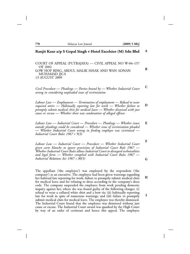 Ranjit Kaur AP S Gopal Singh V Hotel Excelsior (M) SDN BHD | PDF