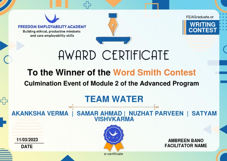 M2. Writing-Contest Certificate | PDF