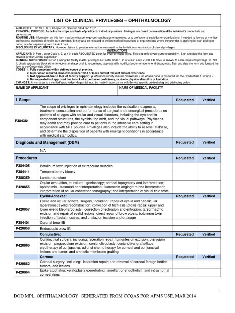 DOD MPL Ophthalmology Generated From CCQAS For AFMS Use Mar 2014 | PDF