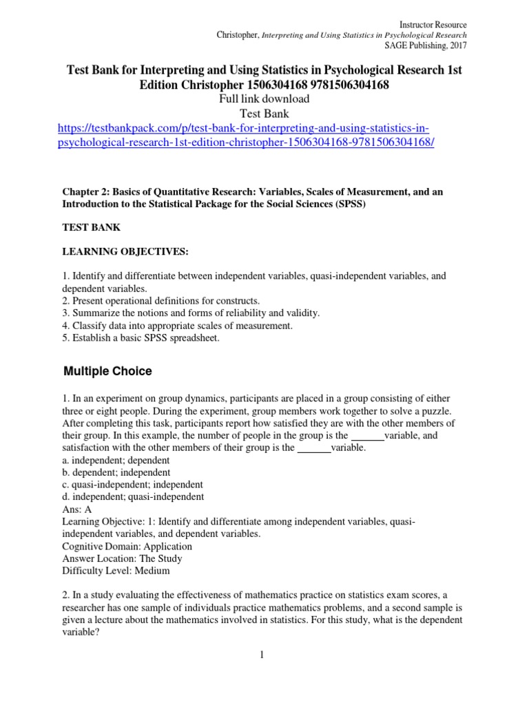 Test Bank for Statistics in Psychology | PDF