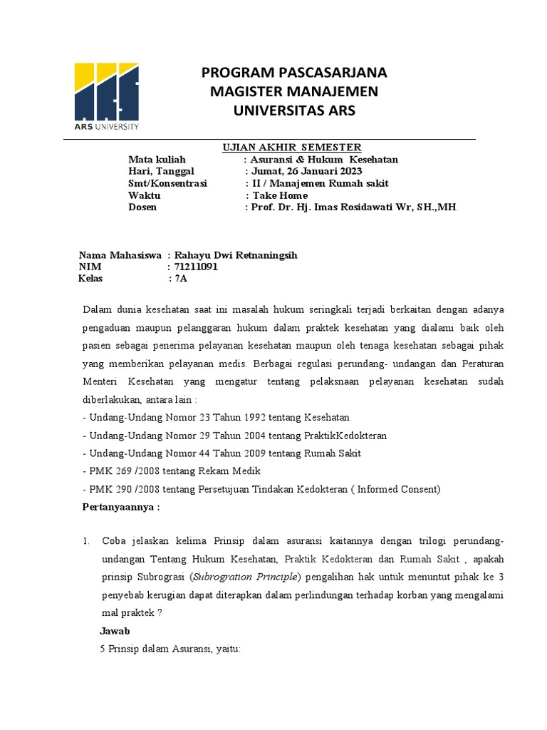 Rahayu Dwi Retnaningsih-7a (71211091) Uas HK Kesehatan & Asuransi | PDF